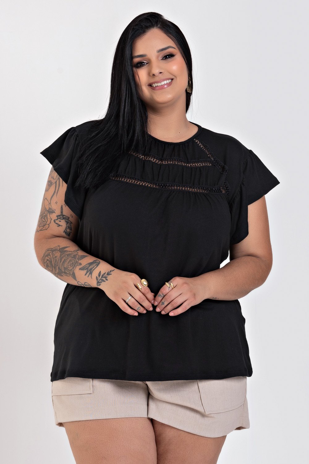 Blusa Feminina Plus Size Malha Suede Detalhes em Renda - Serena